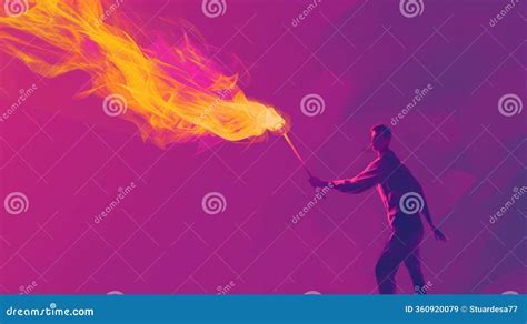 Man Holding Flaming Torch In Abstract Purple Background Stock Image