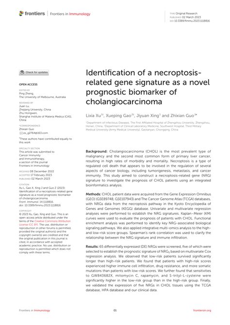 Pdf Identification Of A Necroptosis Related Gene Signature As A Novel Prognostic Biomarker Of
