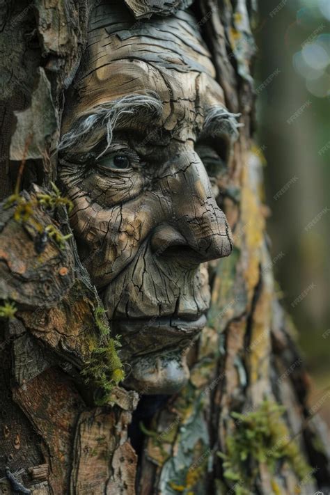 A Man39s Face Is Carved Into A Tree Trunk Premium Ai Generated Image