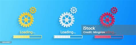 파란색 배경에 격리된 용지 절단 로딩 및 기어 아이콘 진행률 표시줄 아이콘입니다 시스템 소프트웨어 업데이트 로딩 프로세스