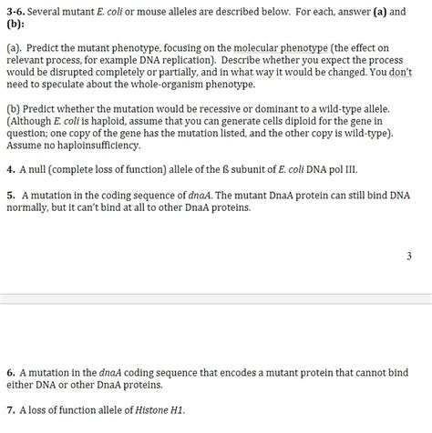 solved 3 6 several mutant e coli or mouse alleles are