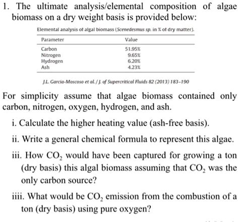 1 The Ultimate Analysis Elemental Composition Of Algae Biomass On A Dry Weight Basis Is