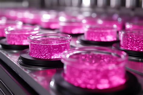 High Throughput Robotic System Testing Pink Liquid Samples In A Futuristic Lab Environment