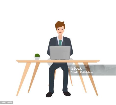 책상에 노트북 컴퓨터와 비즈니스 남자 작업 문자입니다 프리랜서 직업 개념입니다 벡터 일러스트 레이 션 사람들이 평면 디자인 가득