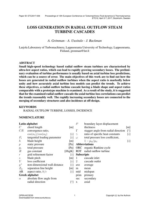 Pdf Loss Generation In Radial Outflow Steam Turbine Cascades