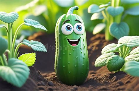 Cute Funny Cartoon Character Cucumber On Garden Bed Stock Illustration Illustration Of Smiling