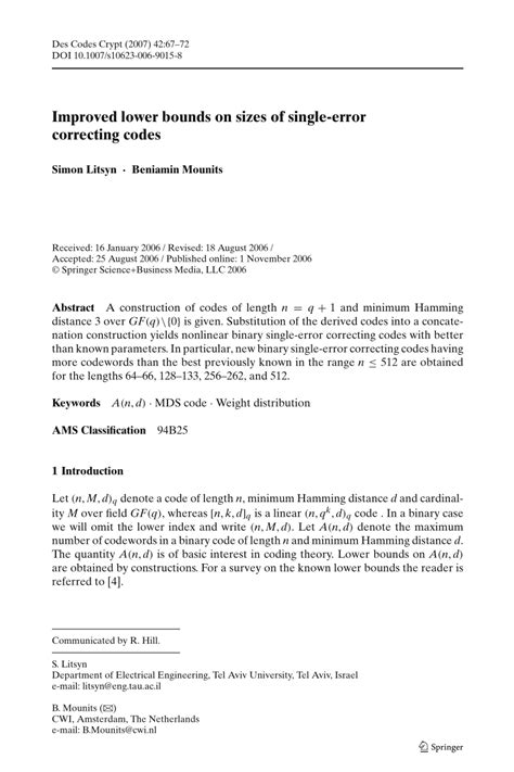 Pdf Improved Lower Bounds On Sizes Of Single Error Correcting Codes