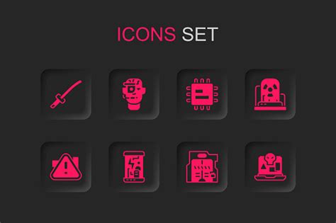 극저온 캡슐 안경의 스마트 안경 카타나 미래형 슬라이딩 도어 방사능 경고등 인터넷 불법 복제 프로세서 Cpu 및 느낌표 삼각형 아이콘을 설정합니다 벡터 Cpu에 대한 스톡