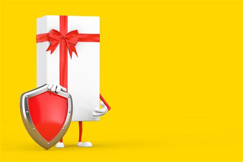 화이트 기프트 박스와 레드 리본 캐릭터 마스코트와 레드 메탈 보호 쉴드 3d 렌더링 금속에 대한 스톡 사진 및 기타 이미지 금속 기념일 낮 Istock