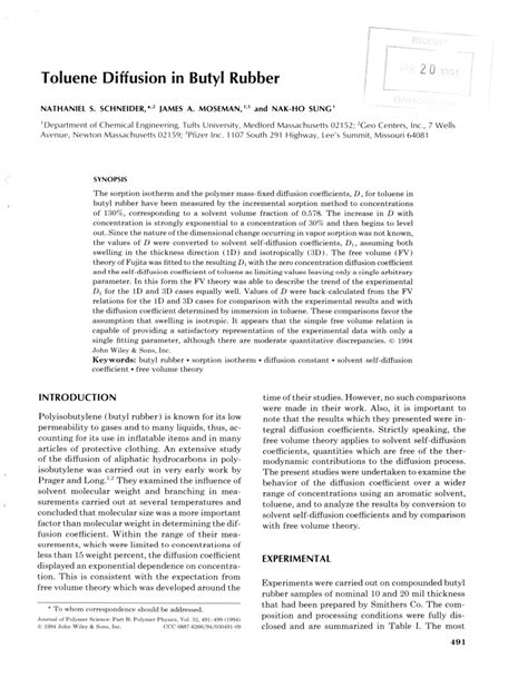 Pdf Toluene Diffusion In Butyl Rubber