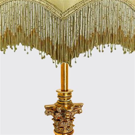 Antique Corinthian Column Brass Floor Lamp With Fringed Lampshade