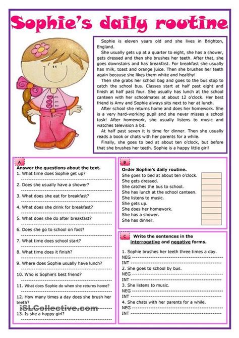 Sophies Daily Routine Reading Comprehension Daily Routine Comprehension Exercises