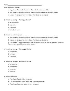 Parts Of A Computer And Basic Networking Quiz Computer Science TPT