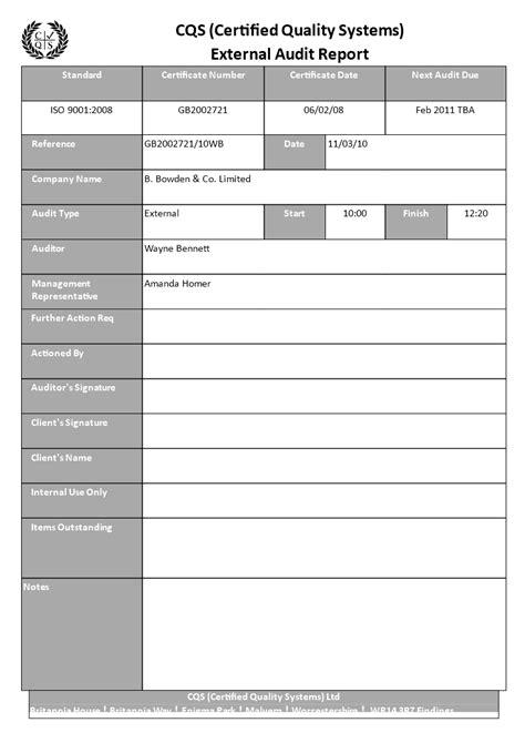 Quality System Audit Report Template