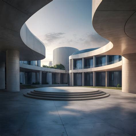 Circular Platform With Curved Concrete Structures Soft Light Serene And Modern Ambiance Stock