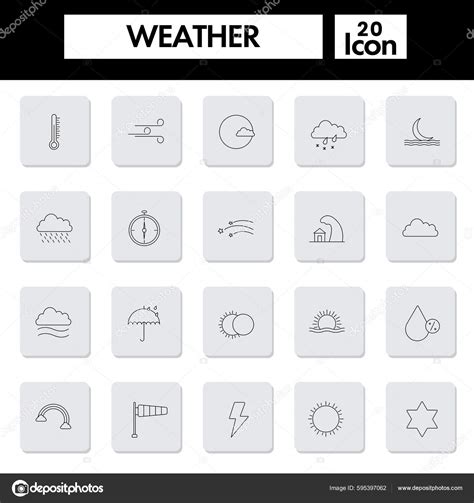 Set Black Outline Weather Symbol Icons Grey Square Background Stock Vector Image By
