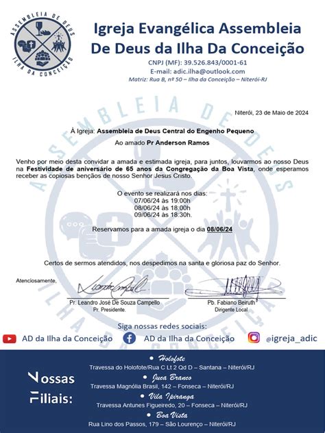 Adic Carta Convite Aniversario Da CongregaÇÃo Boa Vista 2024adceppr Anderson Ramos Pdf