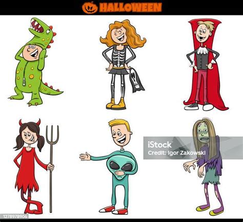 할로윈 의상을 입은 어린이들이 만화 일러스트를 세팅합니다 소녀에 대한 스톡 벡터 아트 및 기타 이미지 소녀 십대 소녀 악마 의상 Istock