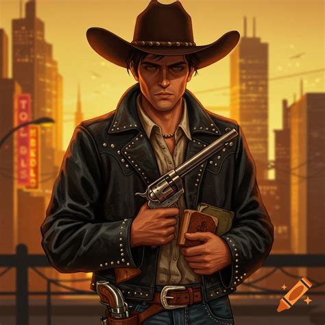A Man Dressed As A Gangster Cowboy Holding A Gun And Books In Front Of