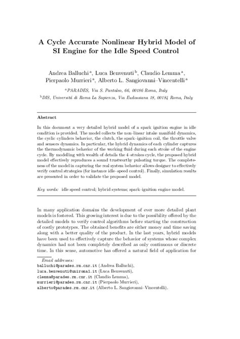 Pdf A Cycle Accurate Nonlinear Hybrid Model Of Si Engine For The Idle Speed Control