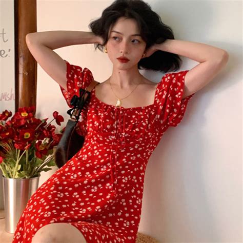 바이미뉴 바캉스룩가을원피스 레드 플라워 꽃무늬 잔꽃 쉬폰원피스 반팔 스퀘어넥 하이웨스트 슬림 A라인 플레어스커트 러블리
