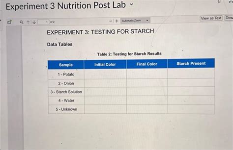 solved experiment 3 testing for starch data tables table 2