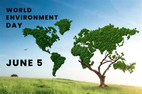 World Environment Day Illustration Green Tree Map On Grassy Hill With Blue Sky And Bird Stock