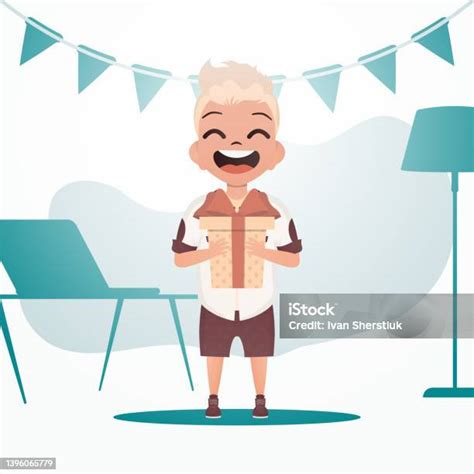 완전히 성장한 행복한 아이 소년 손에 활이 달린 선물 상자를 들고 휴일 테마 만화 스타일 벡터 일러스트레이션 곰에 대한 스톡