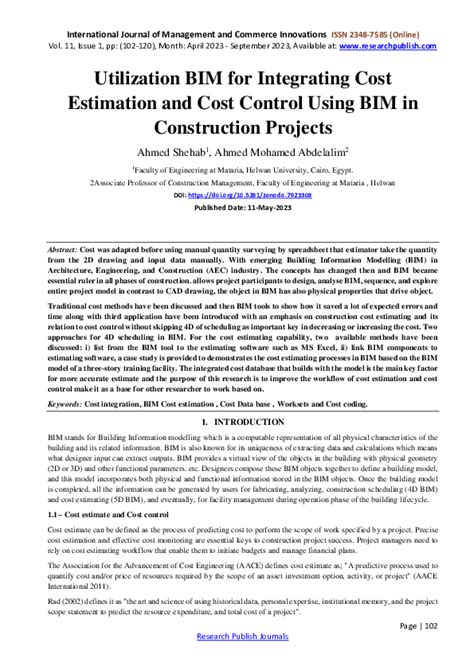 Pdf Utilization Bim For Integrating Cost Estimation And Cost Control Using Bim In Construction