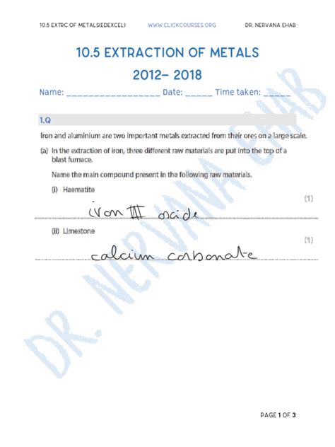 Quiz Question 10 5 Extraction Of Metals 2012 2018 Edexcel Questions Pdf
