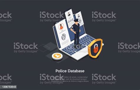 등분 측정 3d 일러스트레이션 전자 경찰 데이터베이스 개념에 만화 스타일 벡터 구성 사람 현대 기술에 대한 정보 제복을 입은