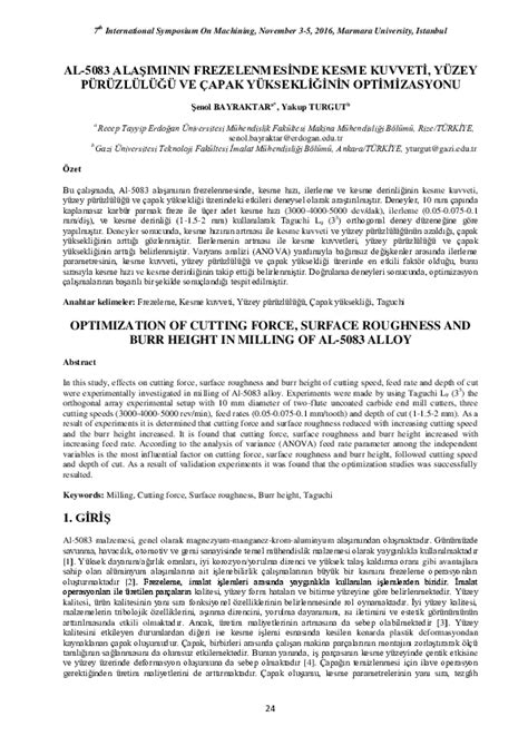 Pdf Optimization Of Cutting Force Surface Roughness And Burr Height In Milling Of Al 5083 Alloy