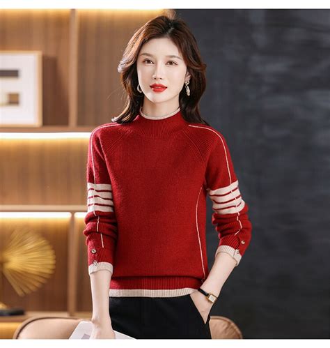 여성 가을 니트 반폴라 배색 스웨터 추동 스트라이프 상의 Du 티몬