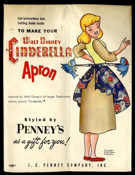 Vintage Walt Disney Cinderella Apron Sewing Pattern Jc Penneys 1950s