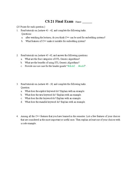 CS 21 Final Exam CS 21 Final Exam Name 25 Points For Each Question Read Tutorials