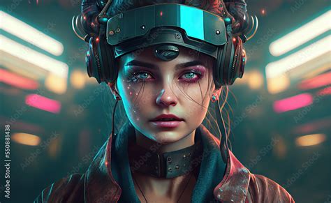 Cyberpunk Woman Portrait With Vr Headset Ready To Explore Virtual Reality And Blurred Background