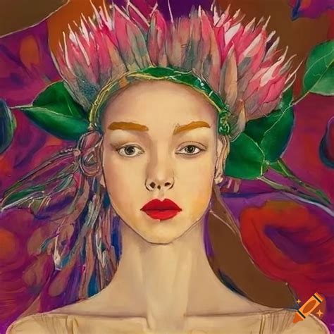 Portrait Of Woman With Protea In Her Hair Surrounded By Proteas
