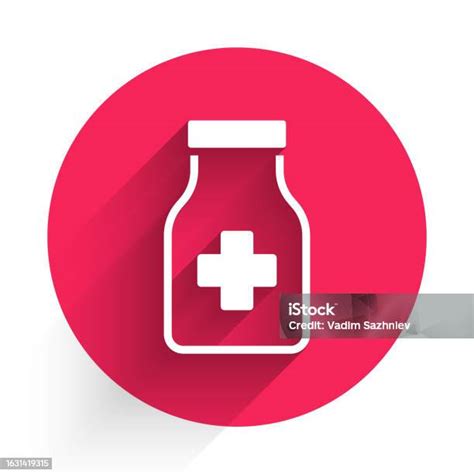 긴 그림자 배경으로 고립 된 흰색 진정제 알약 아이콘 빨간색 원 버튼입니다 벡터 0명에 대한 스톡 벡터 아트 및 기타 이미지 0명 건강 진단 건강관리와 의술 Istock