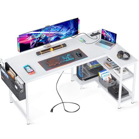 Odk 55 Inch Small L Shaped Gaming White Computer Desk With Power