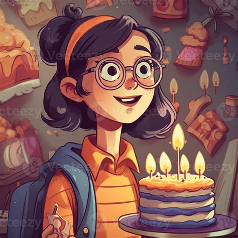 A Girl Is Holding A Cake While Celebrating A Birthday Cartoon