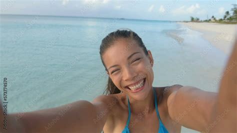 Travel Social Media Instagram Influencer Taking Selfie Video On Beach