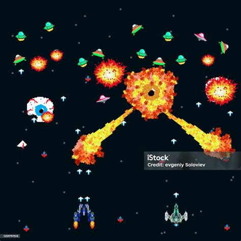 복고풍 비디오 게임에서 보스 전투 군용 선 아케이드 촬영 지도 배경 벡터 그래픽 디자인 일러스트 16 비트 8 비트 별 아래 공간 전투 오래된 컴퓨터 게임 벡터 Brand