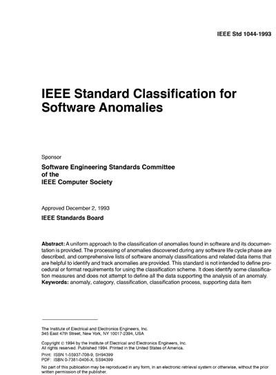 1044 1993 Ieee Standard Classification For Software Anomalies