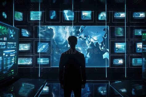Hacker In A Dark Room Illuminated By Screens Displaying Complex Code
