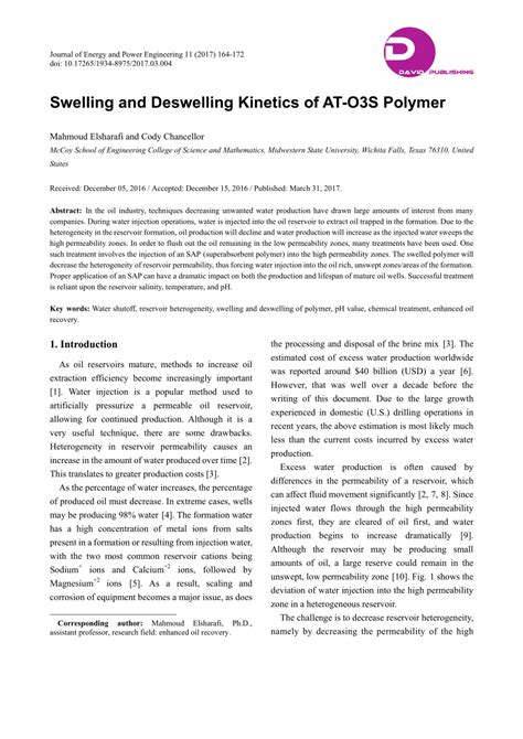 Pdf Swelling And Deswelling Kinetics Of At O3s Polymer