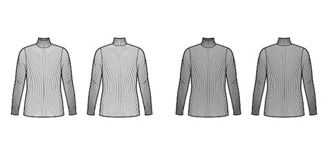 터틀넥 리브 니트 스웨터 테크니컬 패션 일러스트와 긴 소매 오버사이즈 바디 튜닉 길이 0명에 대한 스톡 벡터 아트 및 기타