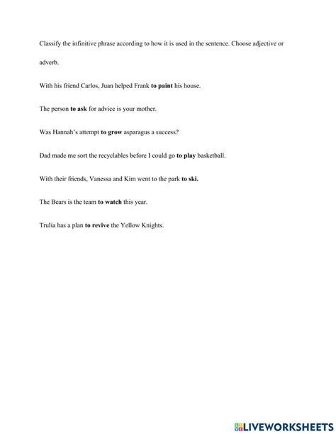 Infinitives And Infinitive Phrases Online Exercise For Live Worksheets Library