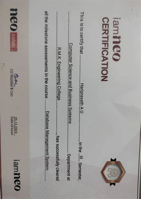 Certification Dbms Iamneo Rmkengineeringcollege Datascience