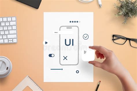 Top View Of Designer Desk With Wireframe Sketch Of Mobile App Hand