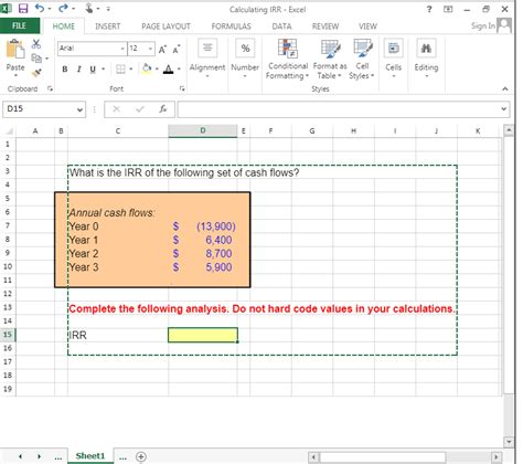 Solved X Calculating IRR Excel स x FILE HOME INSERT Chegg